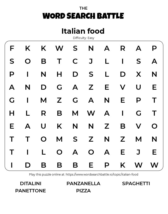 Printable Italian Food Word Search Printable Italian Food Word Search