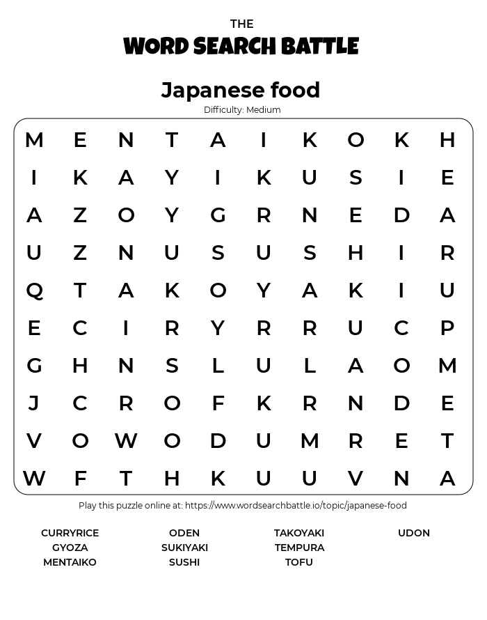Printable Japanese Food Word Search