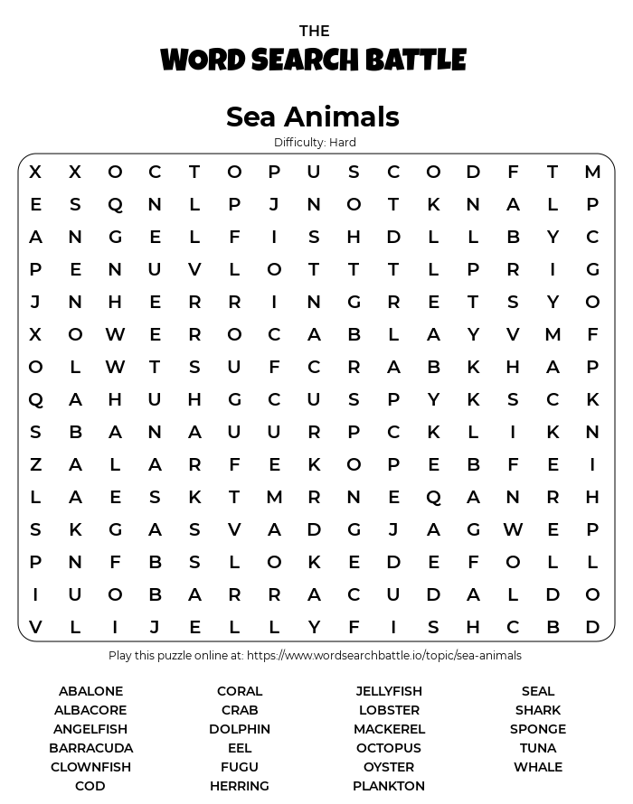Printable Sea Animals Word Search